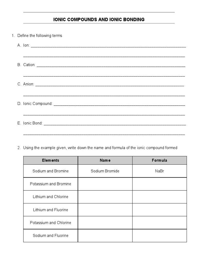 Ionic Compounds and Ionic Bonding - Worksheet | PDF | Ion | Chlorine