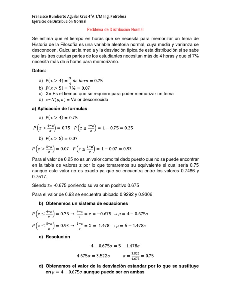 Aguilarcruz - Francisco - Ejercicio Normal | PDF | Distribución normal | Desviación Estándar