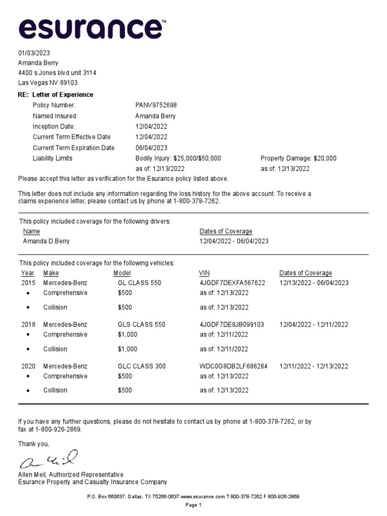 Esurance Policy Verification Letter | PDF | Business Law | Transport