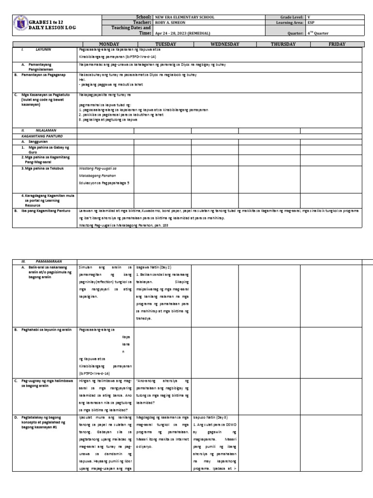 Grade 5 DLL ESP 5 Q4 Week 1 | PDF
