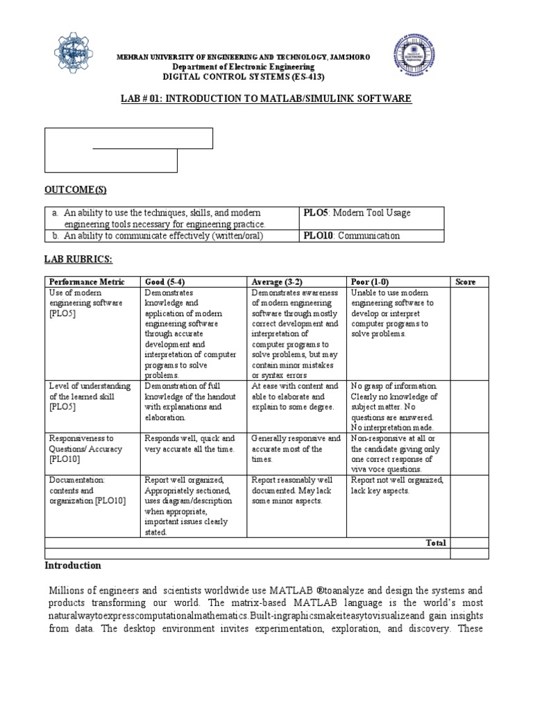 Lab 01 Introduction To Matlabsimulink Software Pdf Matlab 3951
