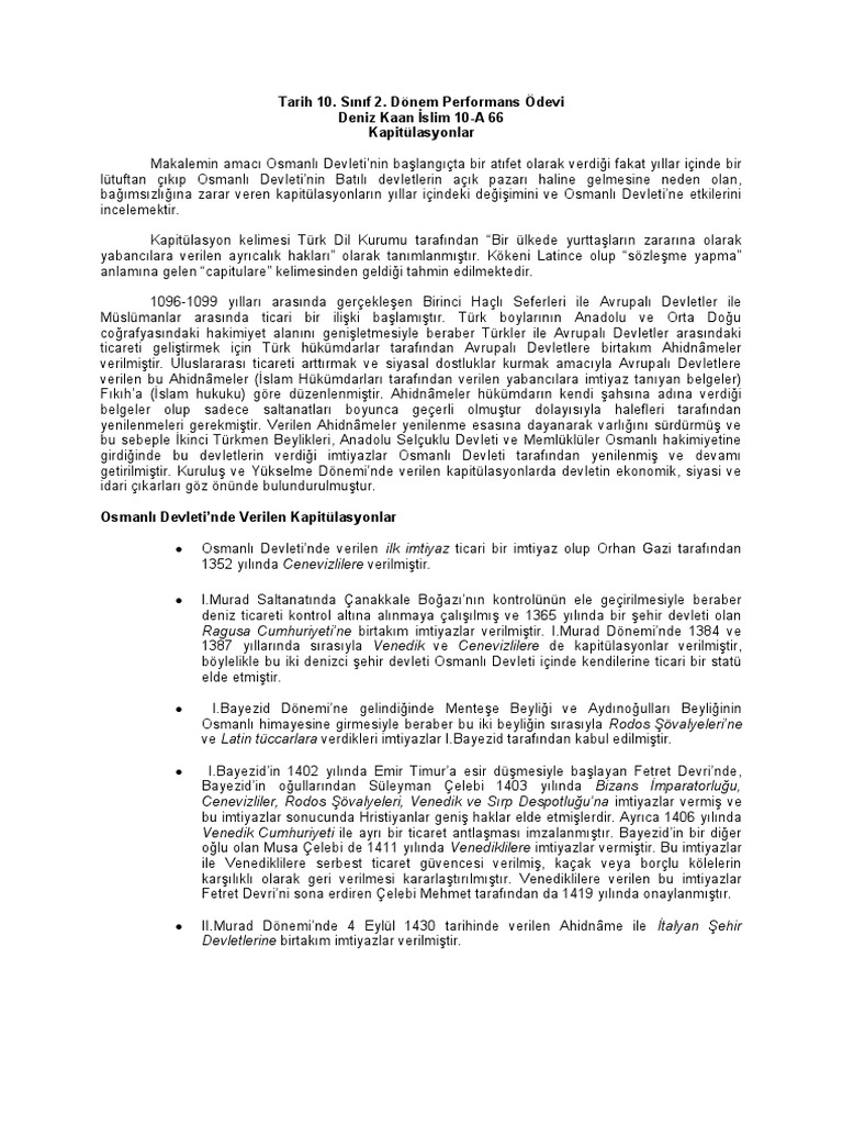 Tarih 10. Sınıf 2. Dönem Performans Ödevi Deniz Kaan İslim 10-A 66 Kapitülasyonlar | PDF