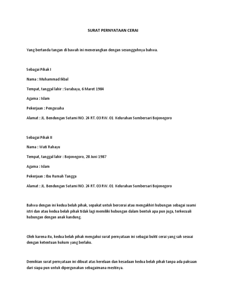 Contoh Surat Cerai | PDF