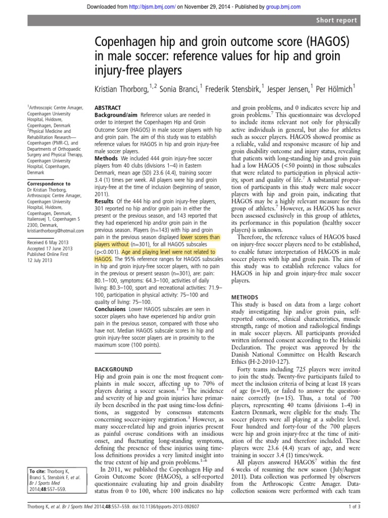 Reference Values for the Copenhagen Hip and Groin Outcome Score (HAGOS) in Hip and Groin Injury ...