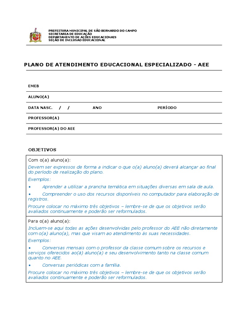 Plano de Atendimento Educacional Especializado - Aee | PDF | Inclusão ...