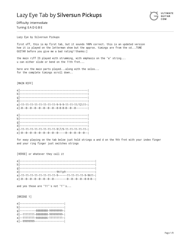Lazy Eye Tab (Ver 3) by Silversun Pickupstabs at Ultimate Guitar ...