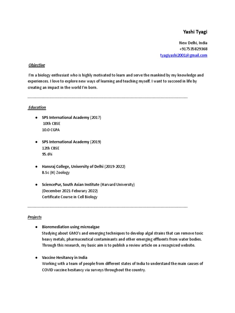 Yashi Tyagi - Updated CV | PDF | Virus | Zika Virus