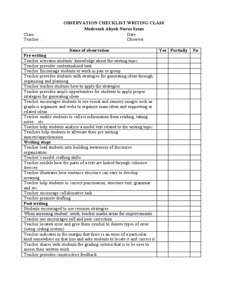Observation Checklist Writing Class | PDF