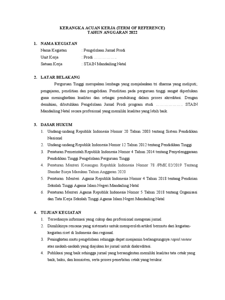 Contoh TOR KAK RAB Jurnal | PDF