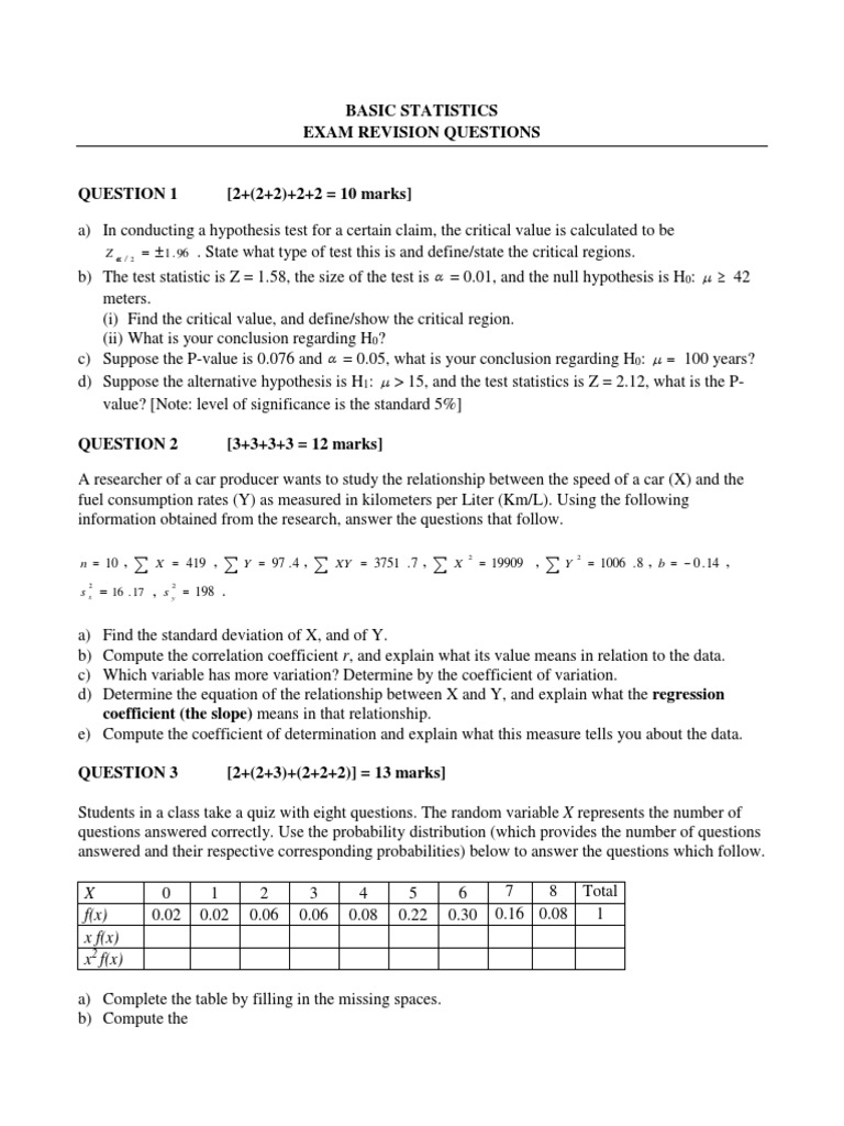 Basic Statistics Exam Revision Questions: X F (X) X F (X) X F (X) | PDF | Statistical Hypothesis ...