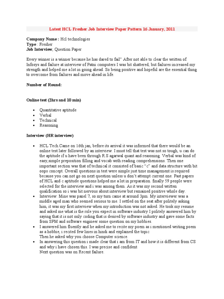 Company Name: HCL Technologies Type: Fresher Job Interview, Question ...