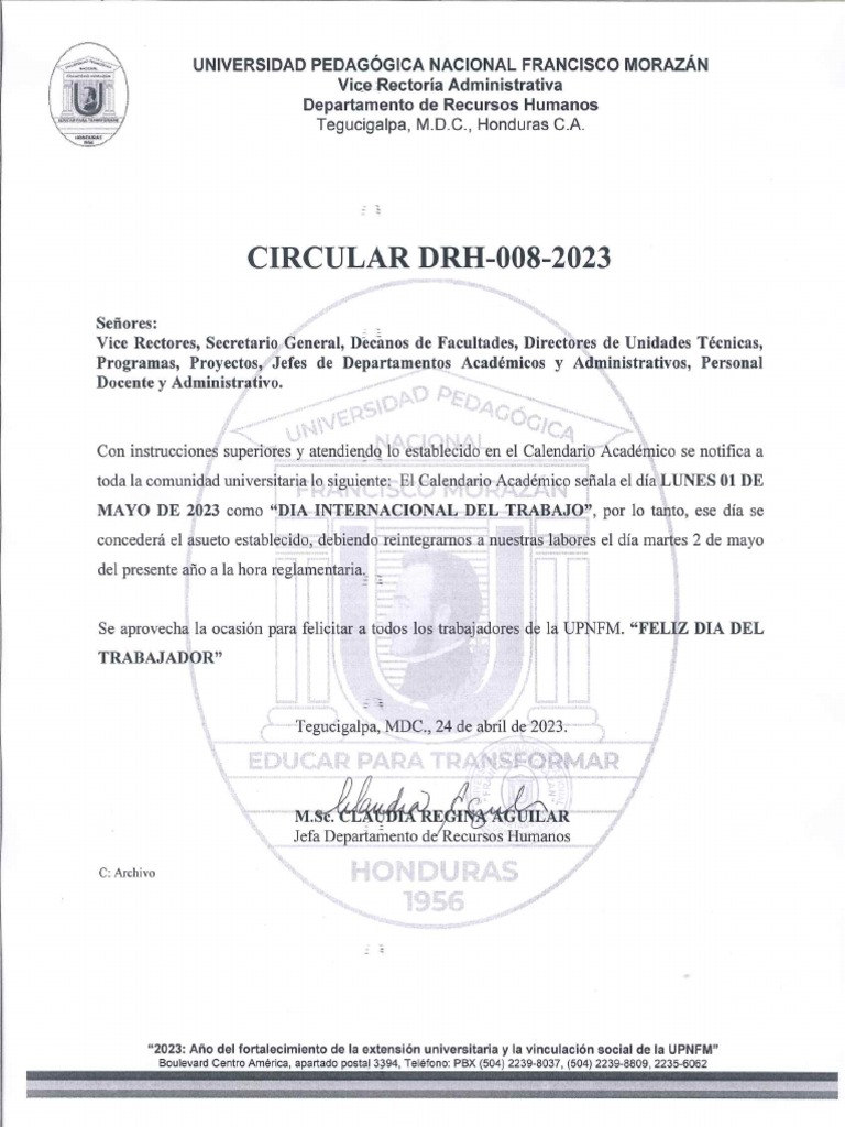 Circular Drh-008-2023 Feriado 1 de Mayo 2023 | PDF