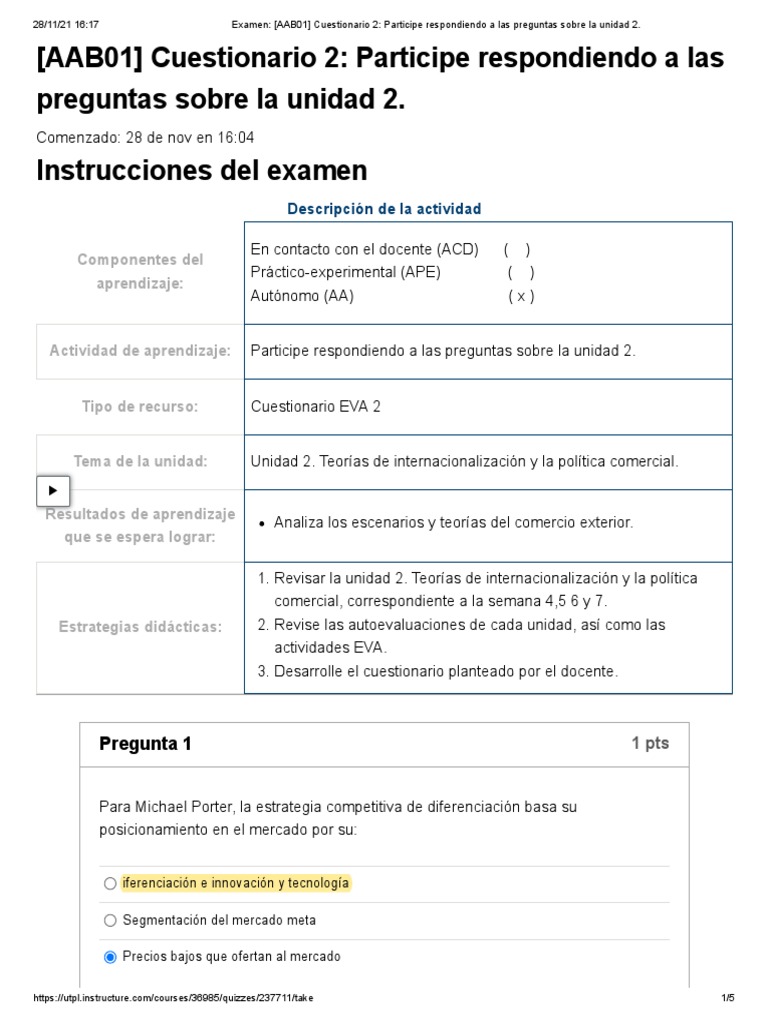 Examen - (AAB01) Cuestionario 2 - Participe Respondiendo A Las Preguntas Sobre La Unidad 2 | PDF ...