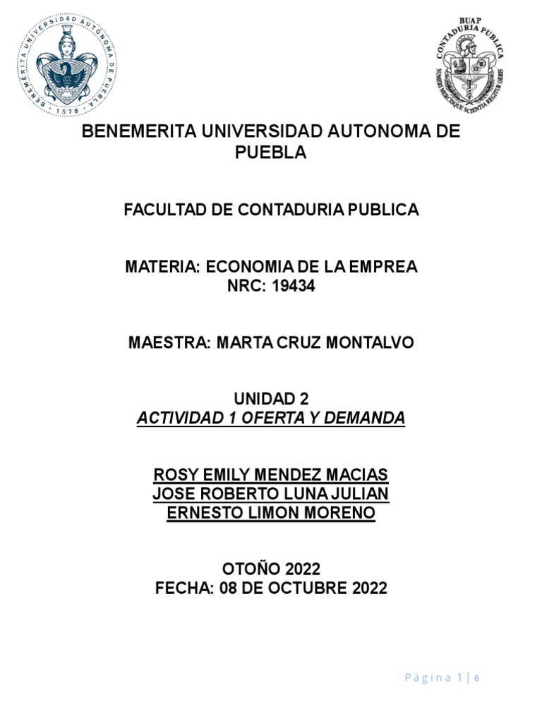 U 2 Act. 1 Ejercicio de Oferta y Demanda. | PDF | Oferta (economía) | Curva de demanda
