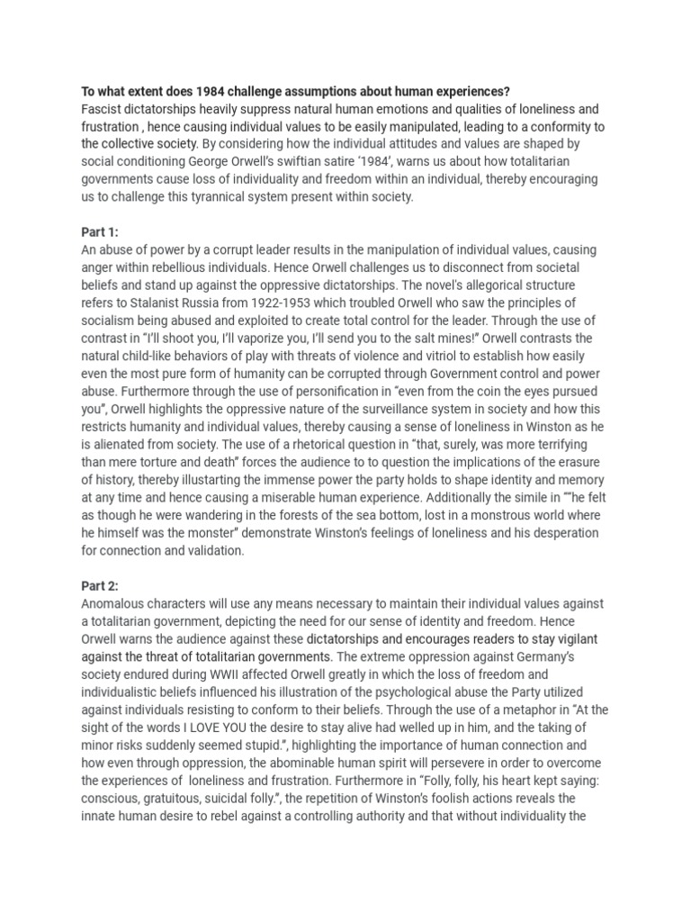 To What Extent Does 1984 Challenge Assumptions About Human Experiences ...