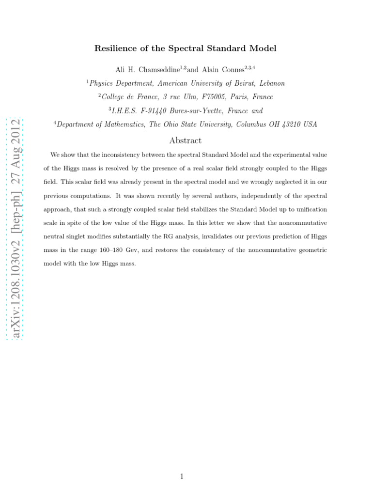 Resilience of The Spectral Standard Model - Connes & Chamseddine | PDF ...