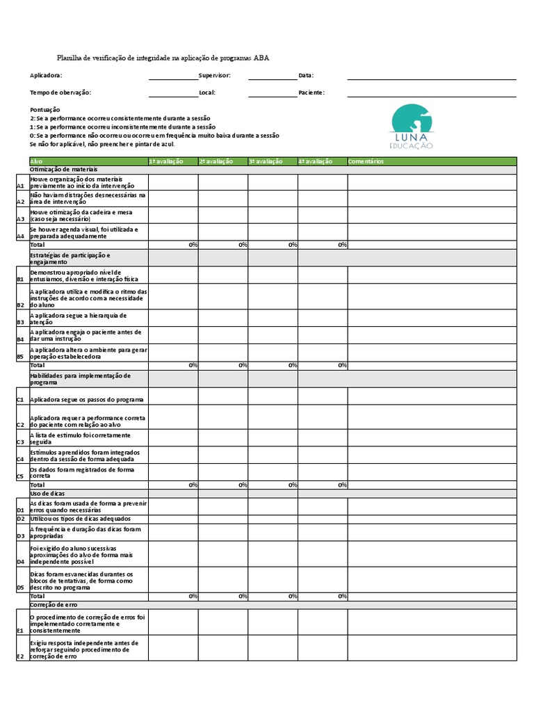 Planilha de Verificação de Integridade Na Aplicação de Programas ABA ...