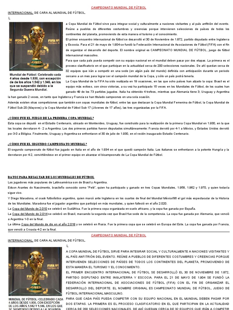 Historia y Datos del Mundial de Fútbol | PDF | FIFA Copa del Mundo | Katar