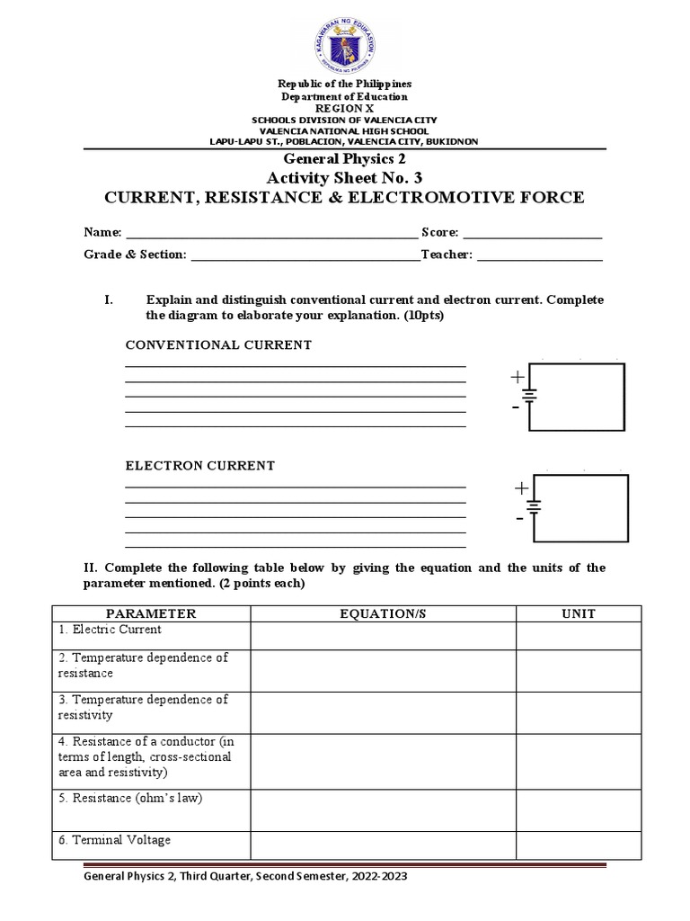 Activity Sheet No. 3 - Current Resistance EMF | Download Free PDF | Electrical Resistance And ...