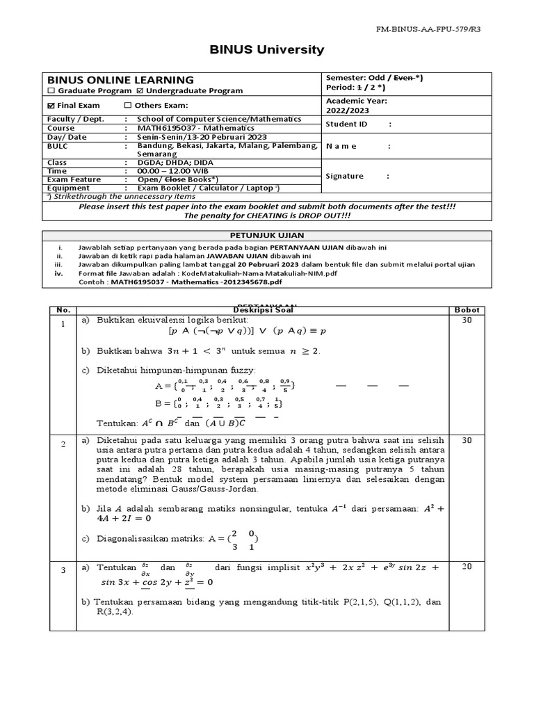 Ujian Akhir Matematika BINUS | PDF