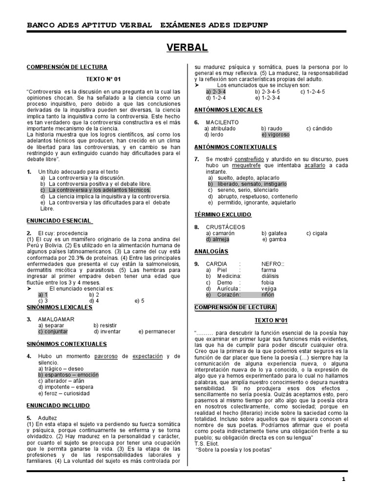 Verbal: Banco Ades Aptitud Verbal Exámenes Ades Idepunp | PDF | Sistema endocrino | Hormona