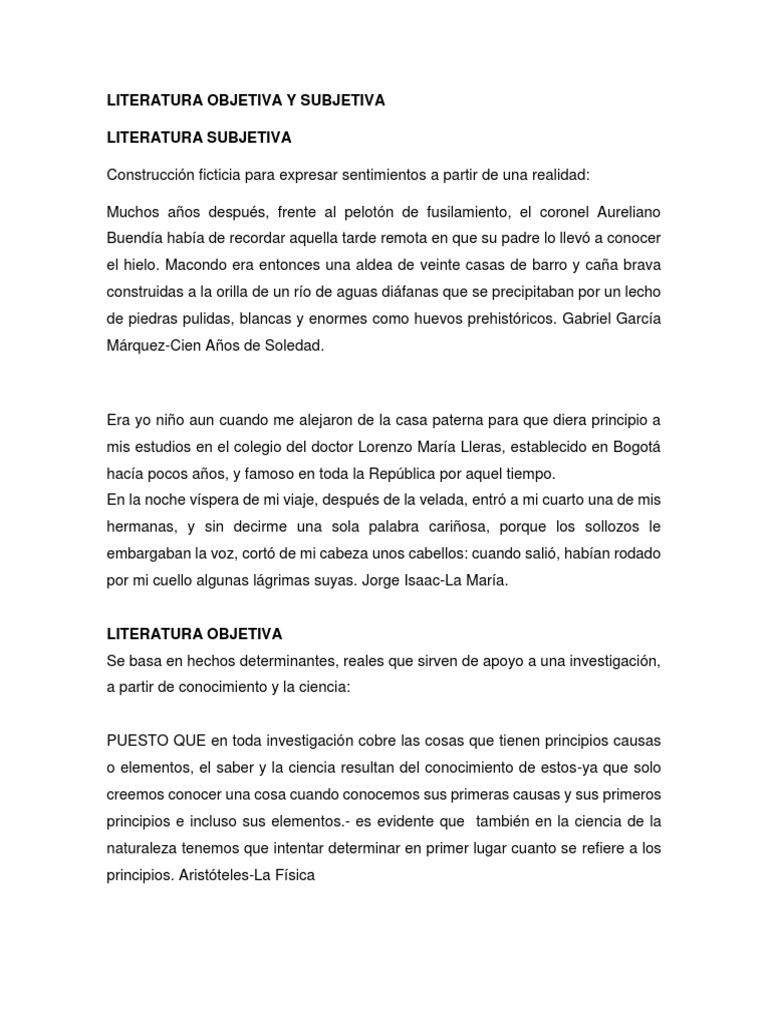 Literatura Objetiva y Subjetiva | PDF