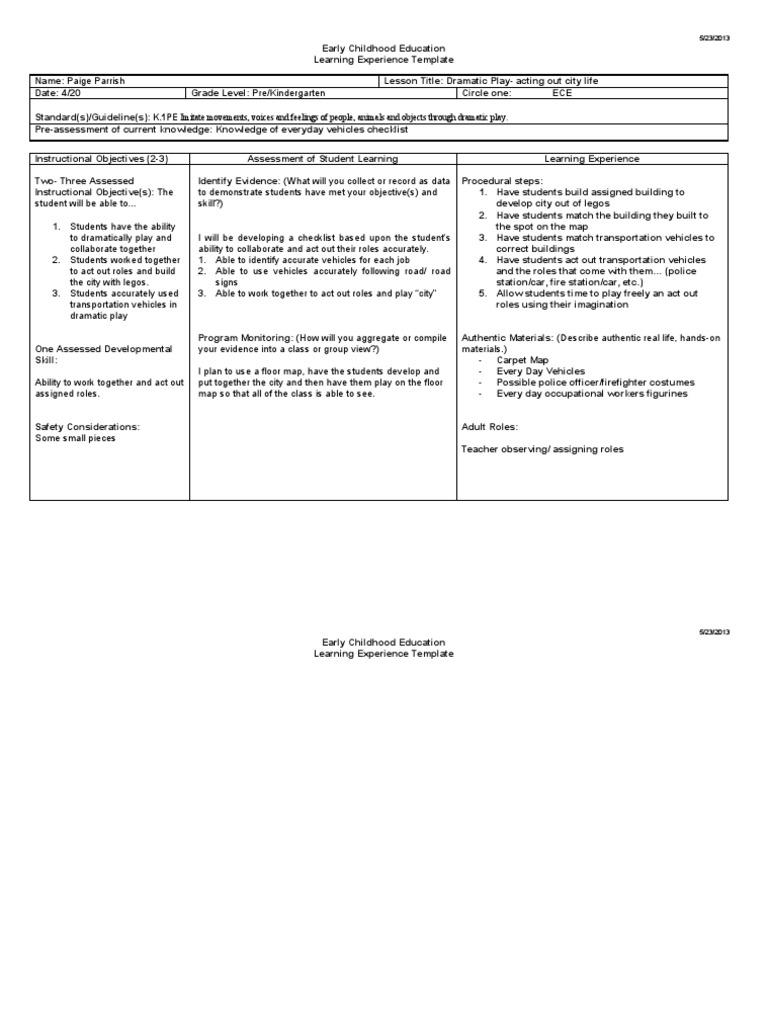 ECE Lesson Plan: Dramatic City Play | PDF | Early Childhood Education ...