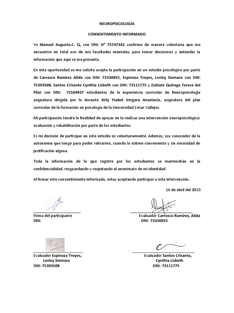 Consentimiento para Estudio Neuropsicológico | PDF