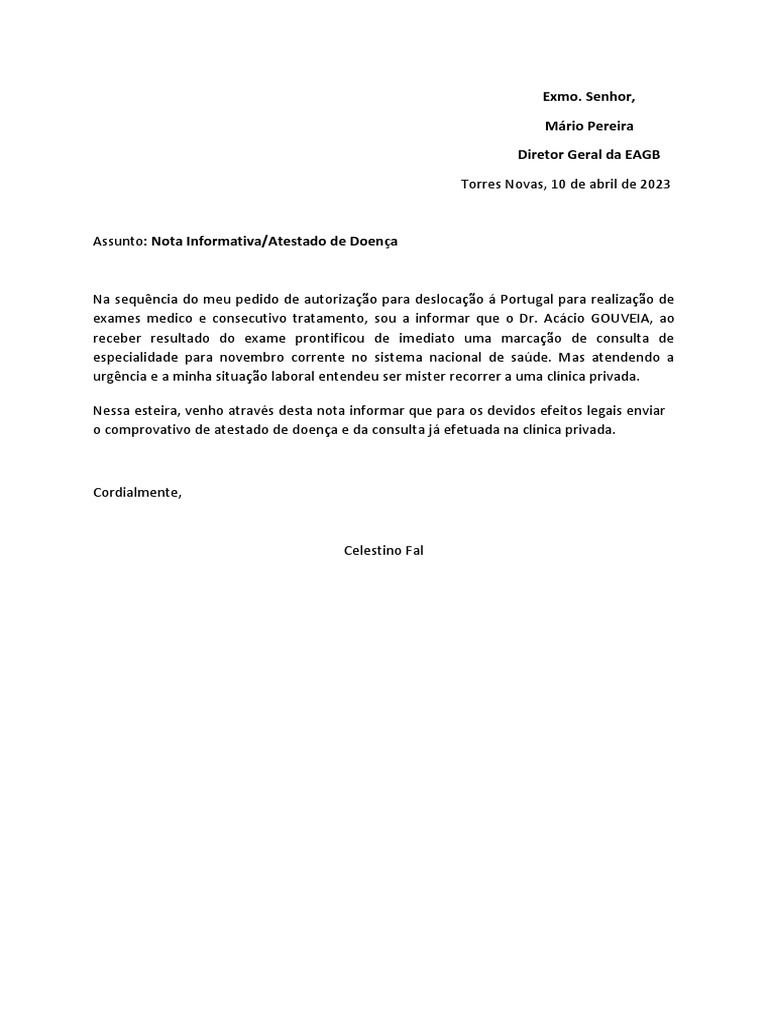 Exmo. Senhor, Mário Pereira Diretor Geral Da EAGB | PDF