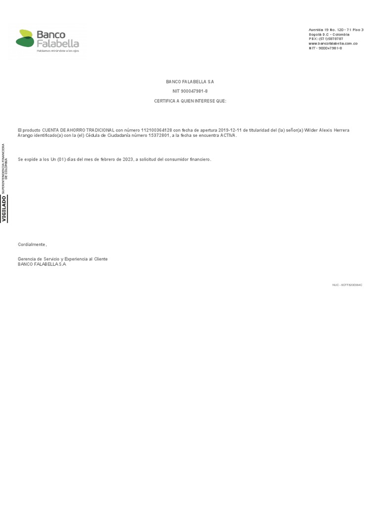 Certificado Bancario FALABELLA 2023 | PDF