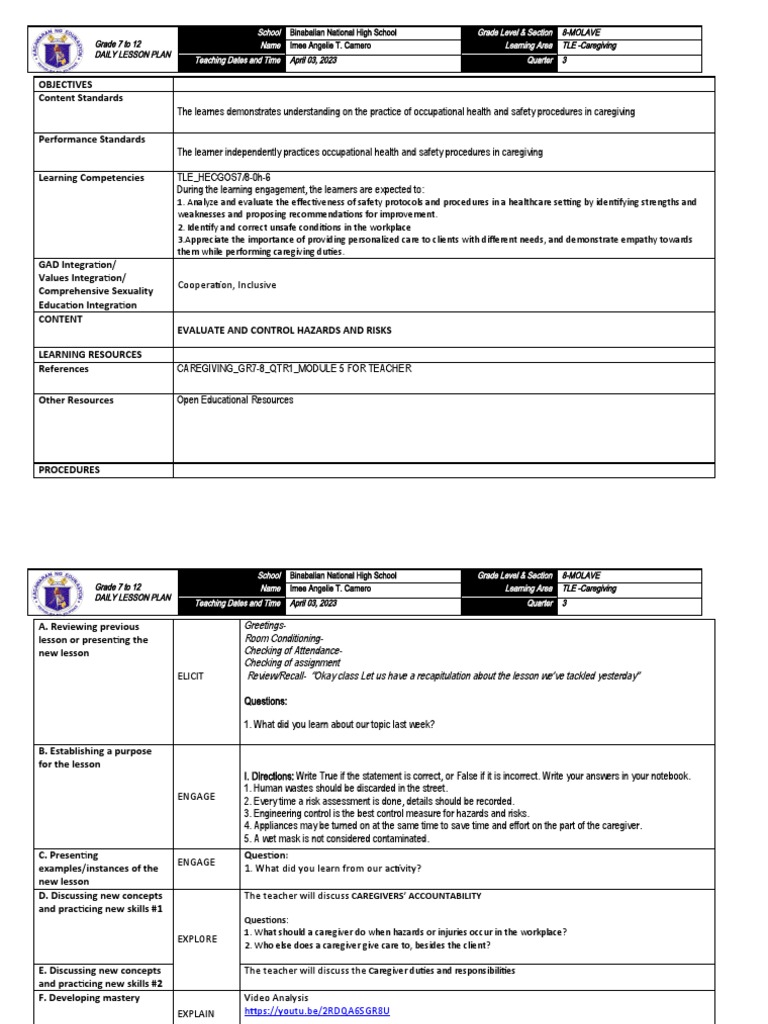 DLP - Caregiving - Day 1 | PDF | Lesson Plan | Caregiver
