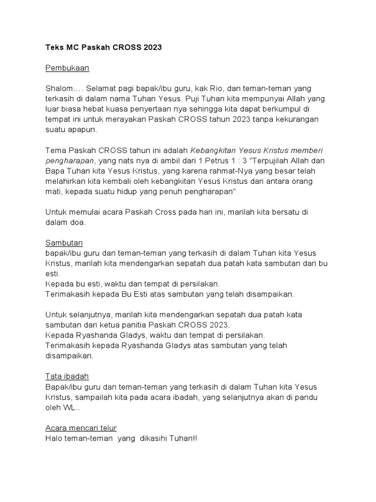 Teks MC Paskah CROSS 2023 | PDF