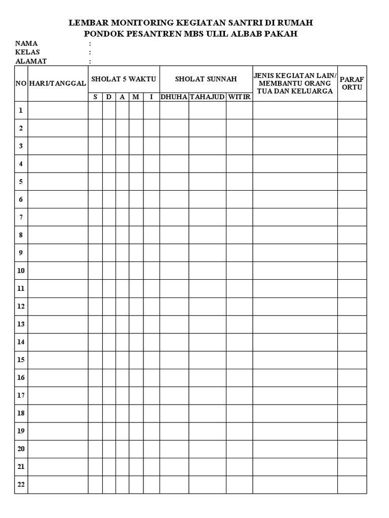 Lembar Monitoring Liburan 22 | PDF