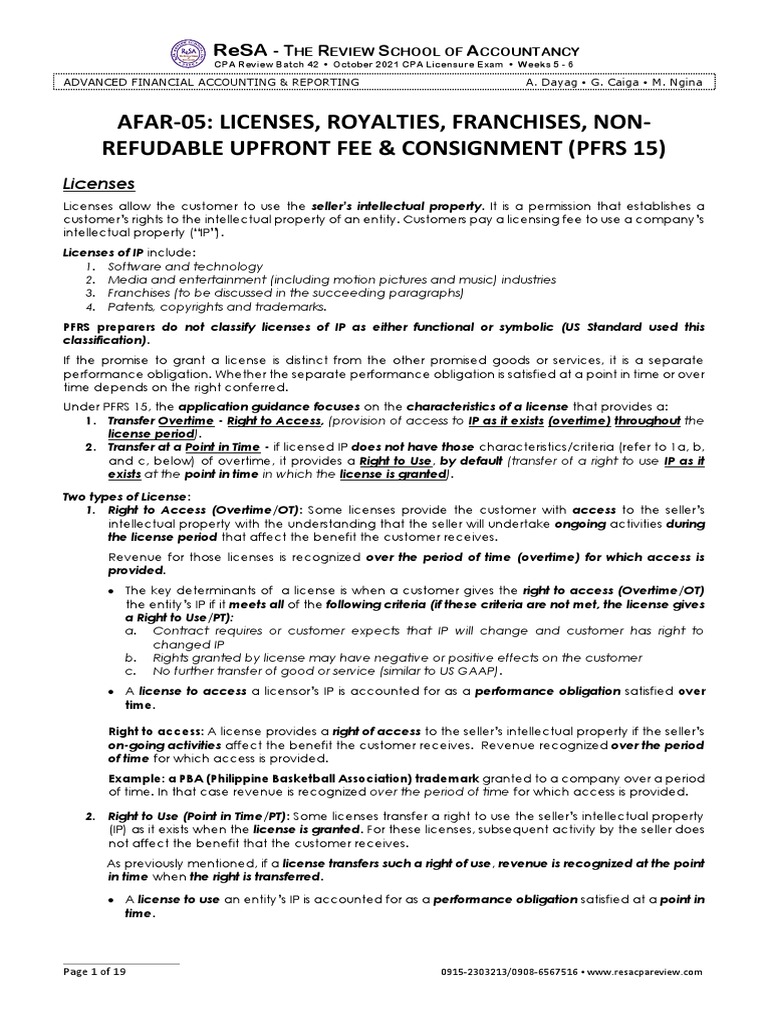 AFAR-05 (Licenses, Royalties, Franchises & Consignment) | PDF | Franchising | Royalty Payment