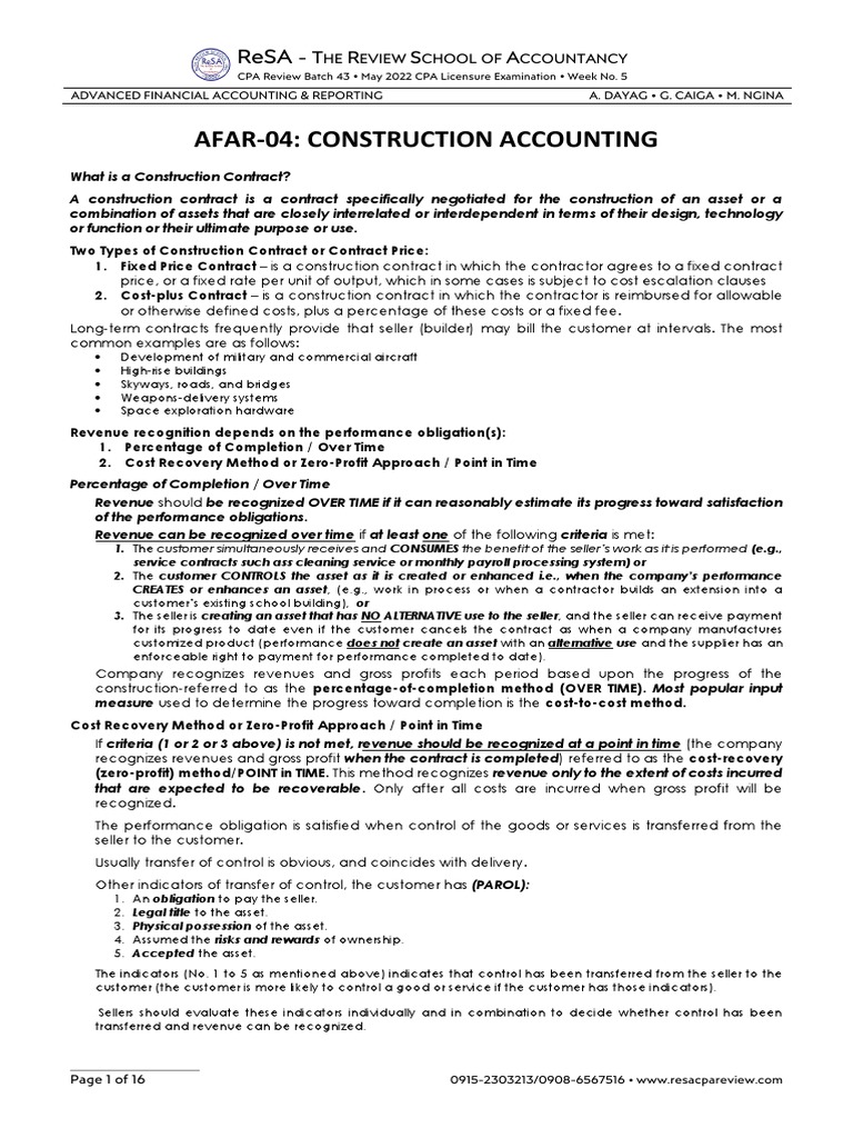 AFAR-04 (Construction Accounting) | PDF | Cost | Revenue