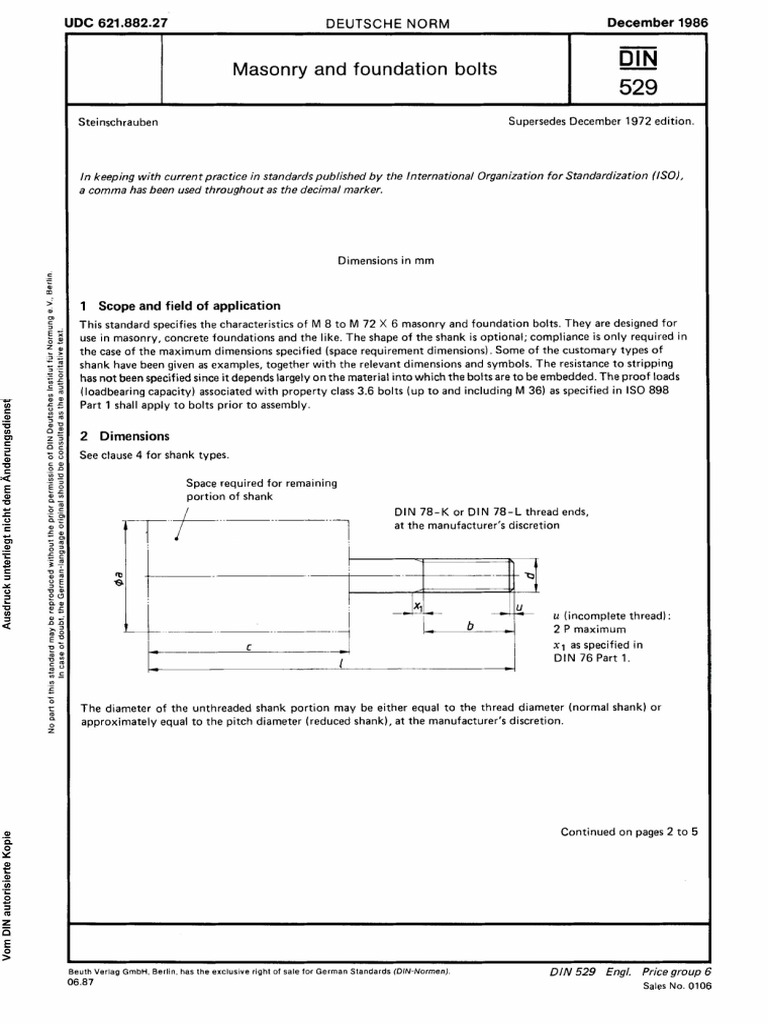 DIN 529 EN-1986 Masonry and foundation bolts | PDF | Screw | Metalworking