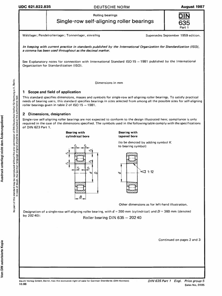 DIN 635 EN-1987 Single-Row Self-Aligning Roller Bearings | PDF | Regulation