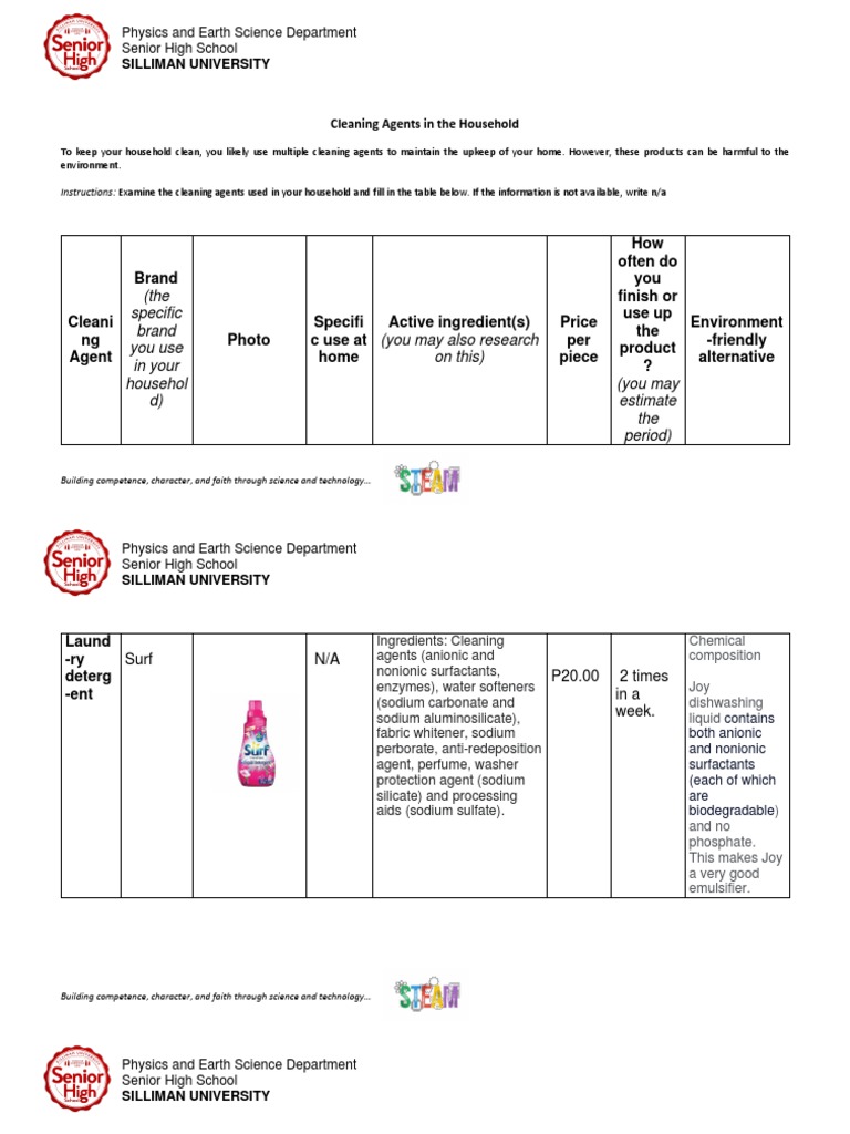 Household Cleaning Agents Worksheet | PDF | Surfactant | Chemical ...