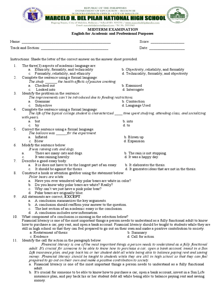 Updated Midterms Teast Questionnaire EAPP | PDF | Meditation | Breathing