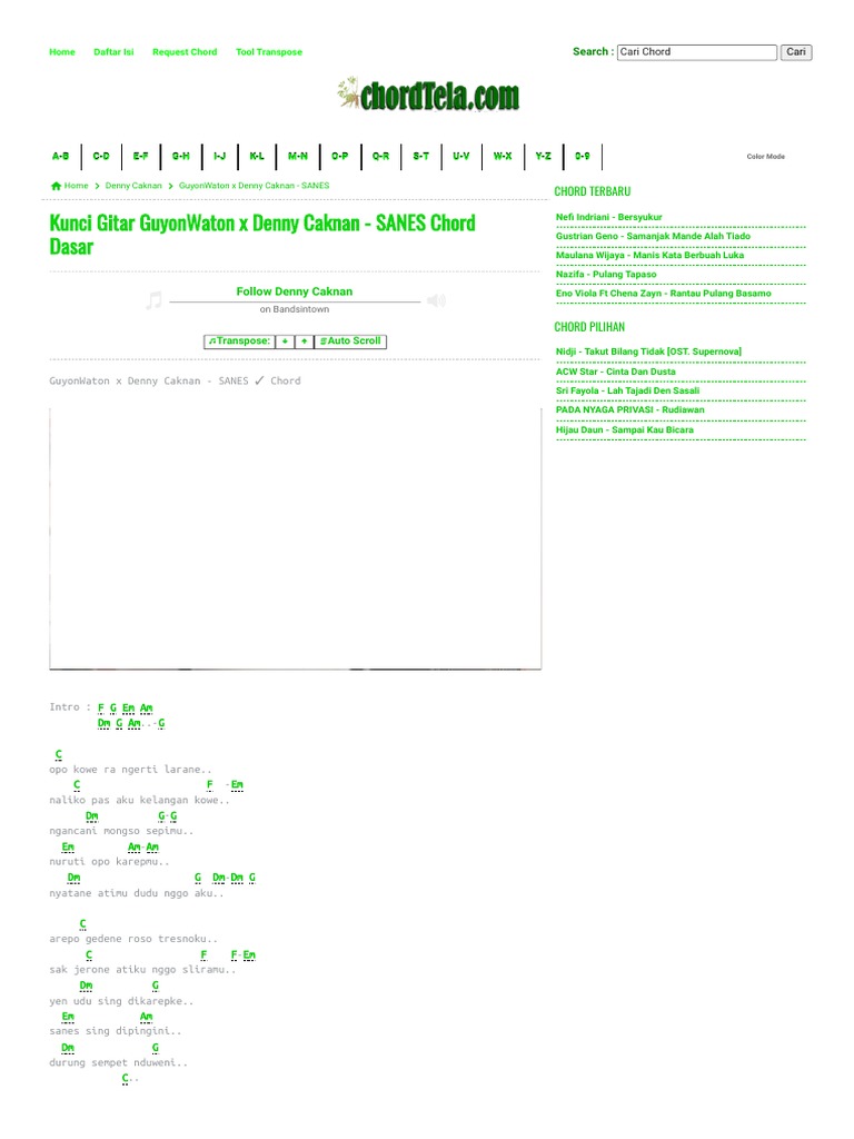 Kunci Gitar GuyonWaton X Denny Caknan - SANES Chord Dasar ©chord | PDF