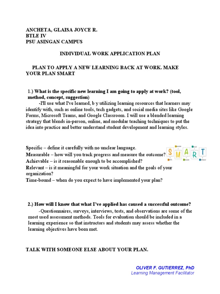 ANCHETA_Individual-Workplace-Application-Plan-CMAG | PDF | Learning ...