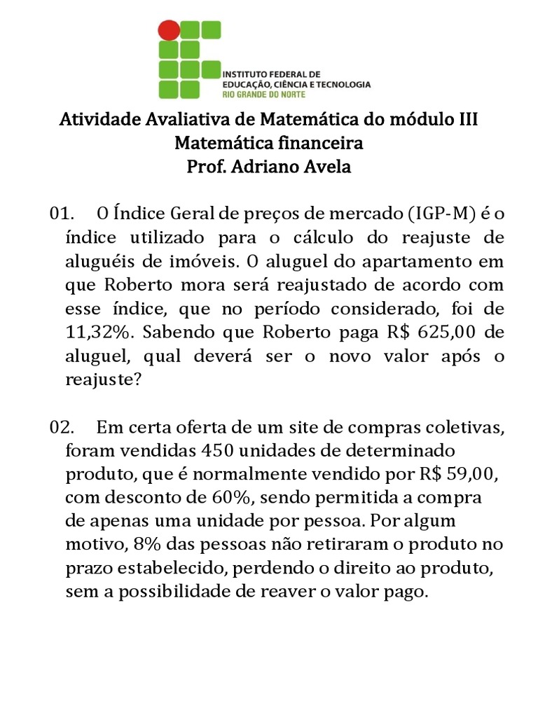 Atividade - Matemática Financeira - Ampliada | PDF | Juros | Economias
