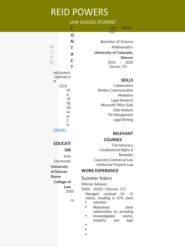Law School Student Resume Example | PDF | Lawsuit | Justice