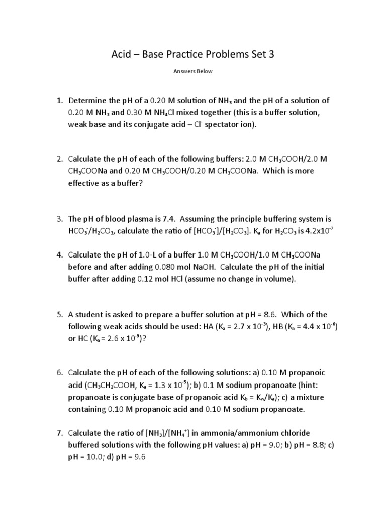 Acid Base Practice Problems Set 3 | Download Free PDF | Buffer Solution ...