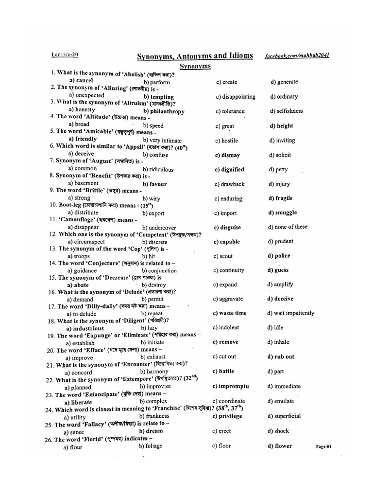 Synonyms, Antonyms and Idoms | PDF | Adjective | Linguistic Typology