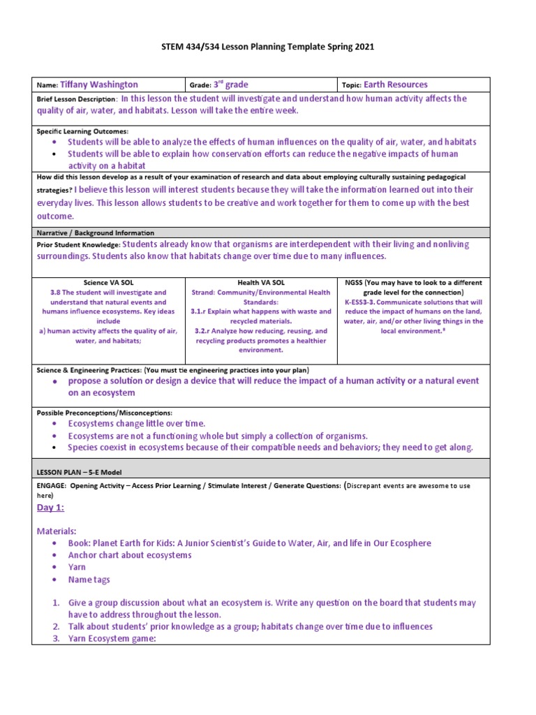 Tiffany Washington 5e Lesson Plan 1 | PDF | Ecosystem | Recycling