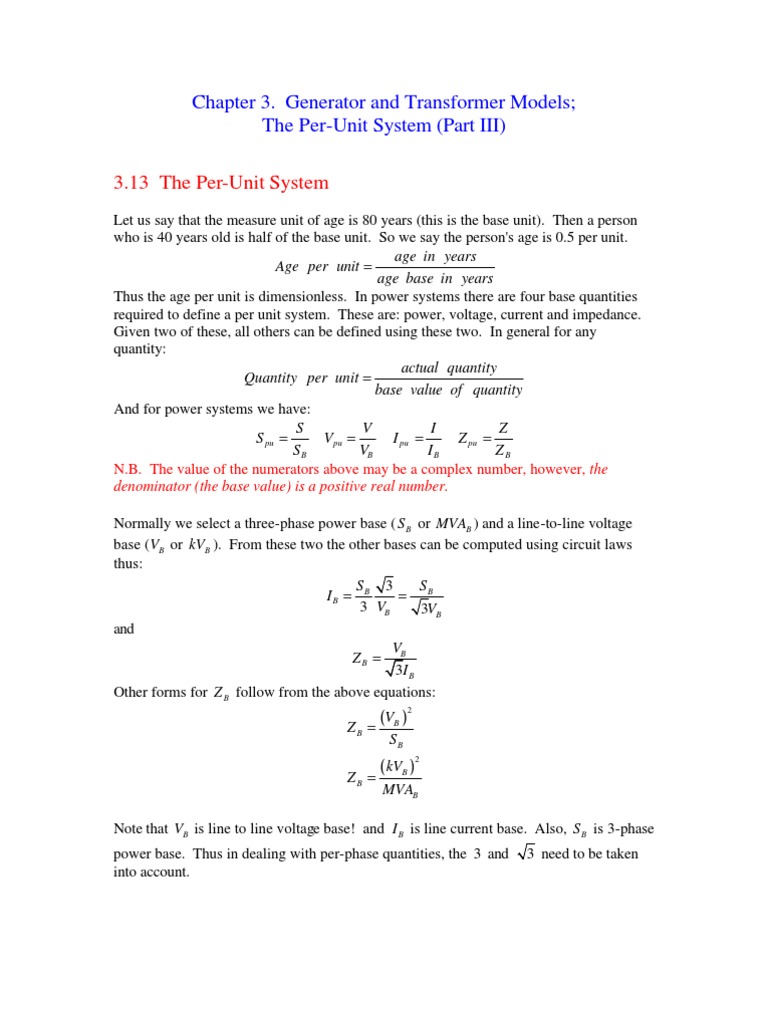 Chapter 3. Generator and Transformer Models The Per-Unit System (Part III) | PDF | Electrical ...
