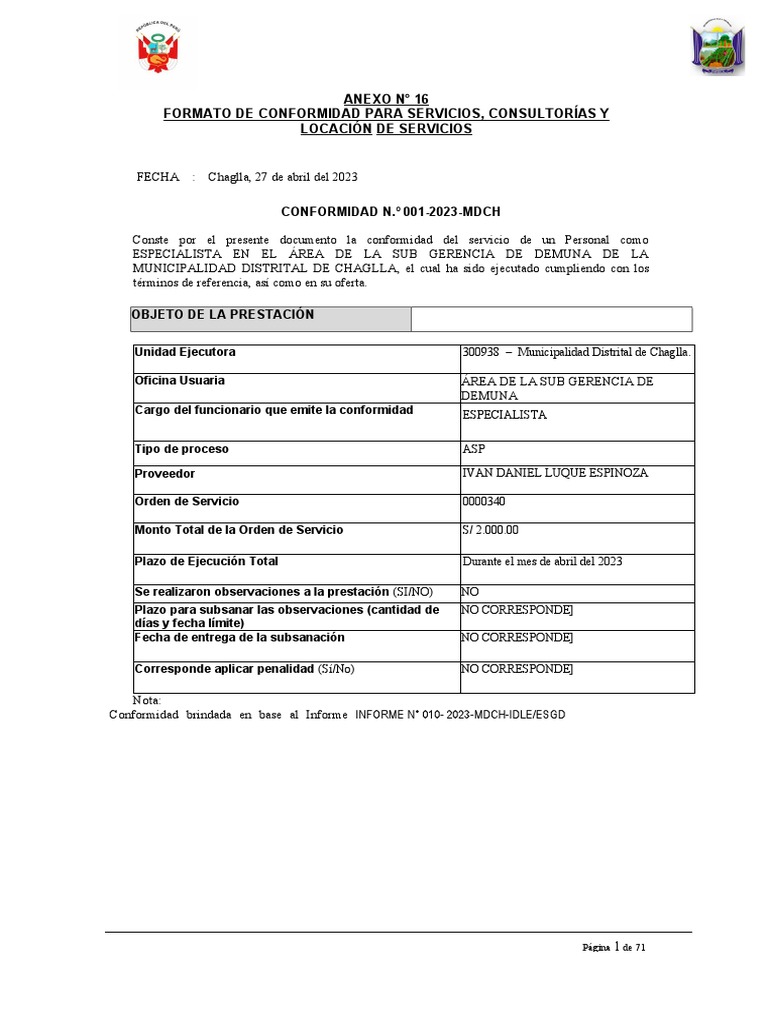 Anexo 16-Fformato de Conformidad para Servicios, Consultorías y Loc Luque Espinoza Ivan Daniel | PDF