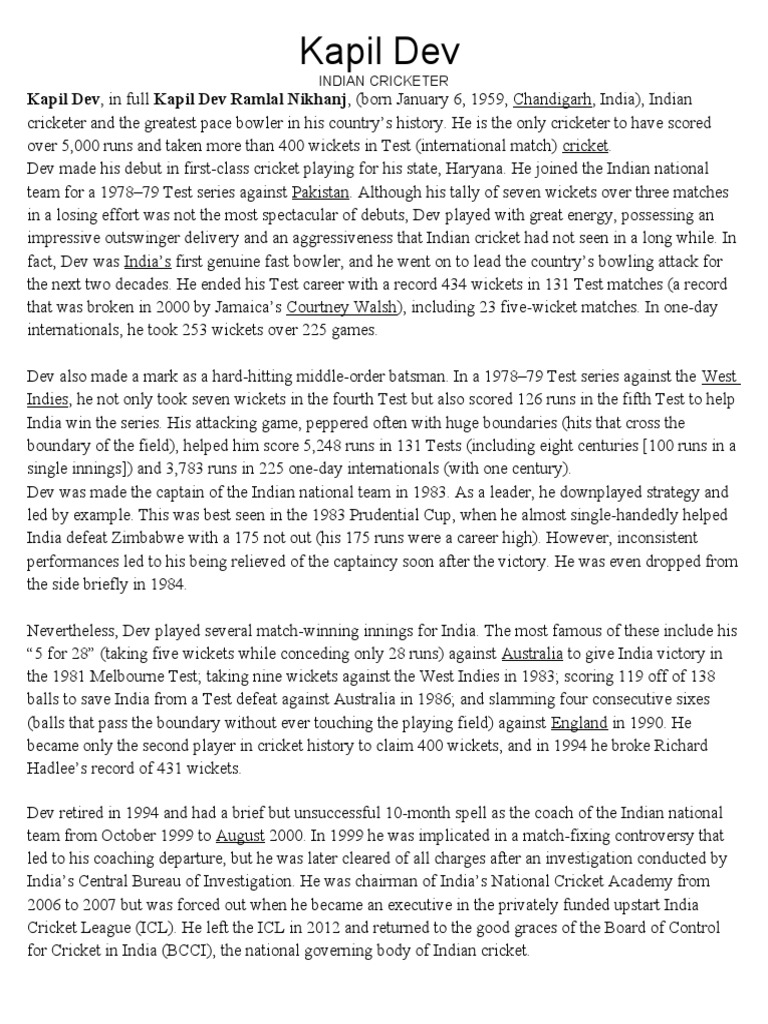 Kapil Dev: A Cricketing Legend | PDF