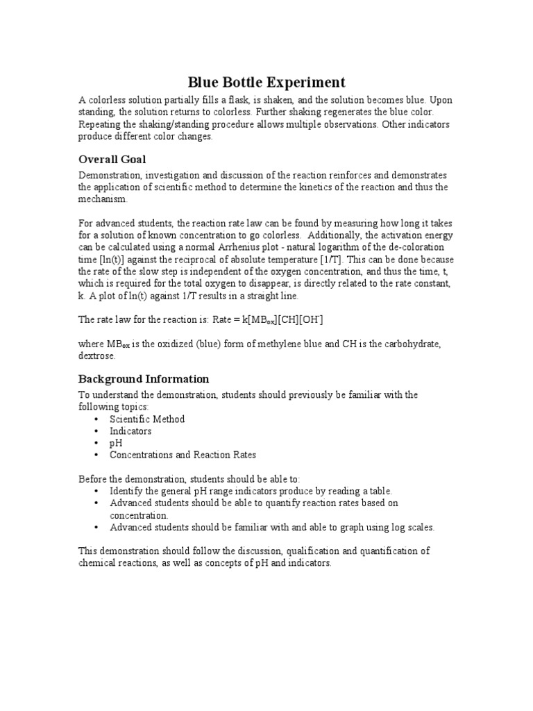 Blue Bottle Experiment: Overall Goal | PDF | Chemical Compounds ...